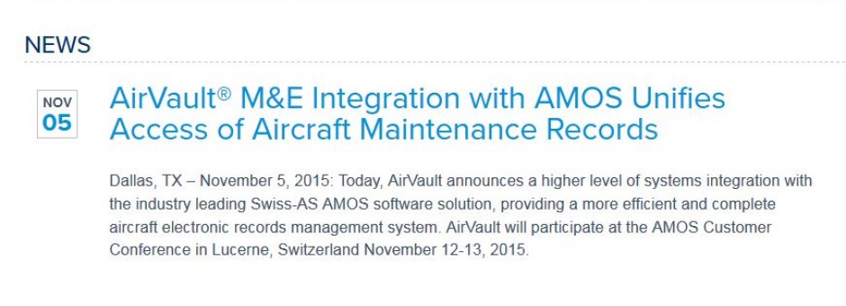 AirVault Press Release on interface to AMOS | Swiss-AS